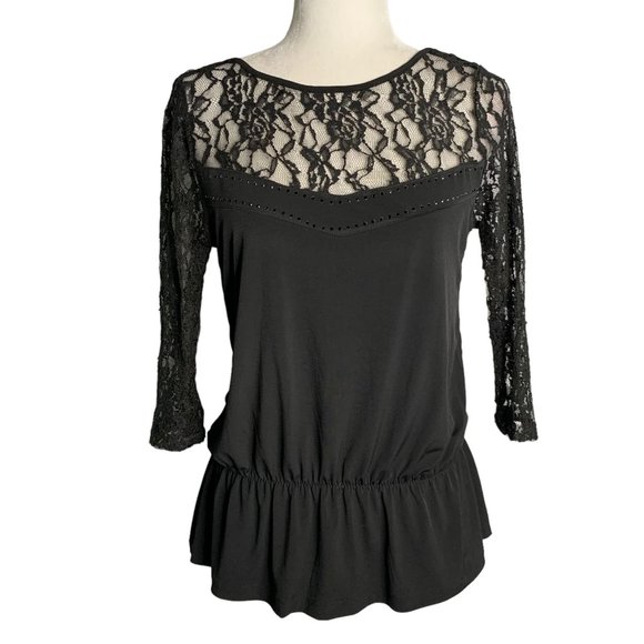 Belldini | Tops | Belldini Rhinestone Peplum Top M Black 34 Lace ...